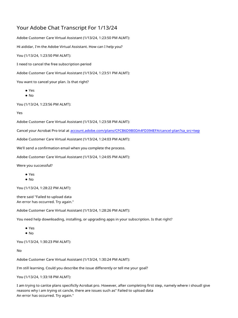 Adobe Chat Transcript 1-13-24 | PDF | Computing | Software