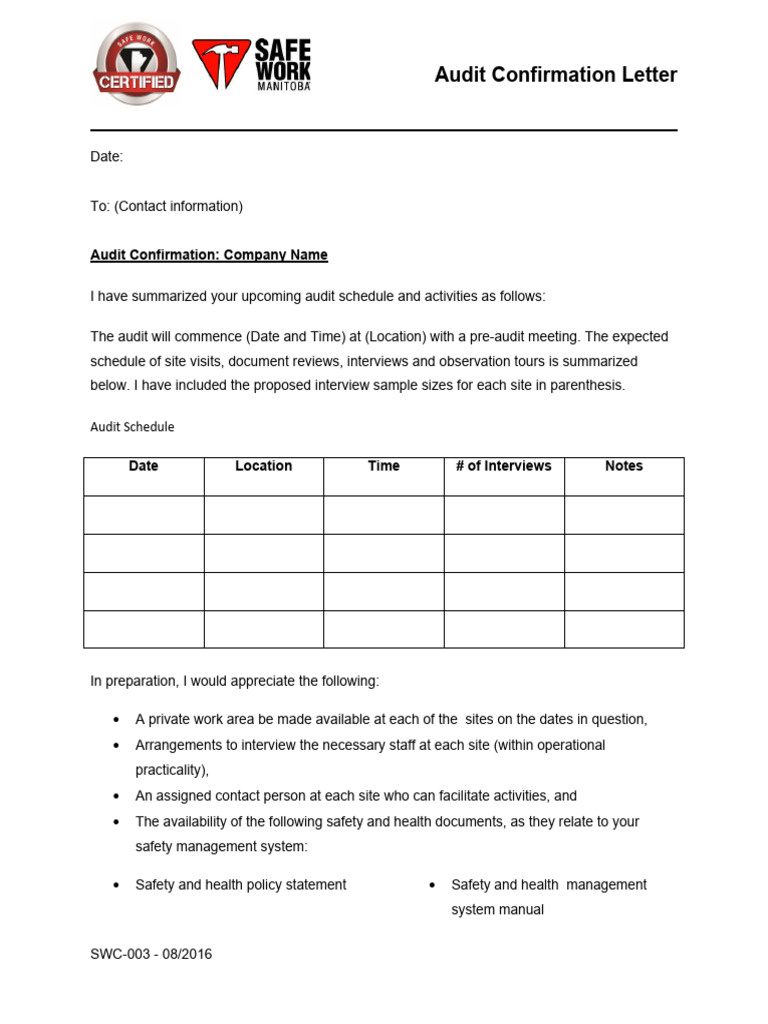 Audit Confirmation Letter | PDF | Occupational Safety And Health ...