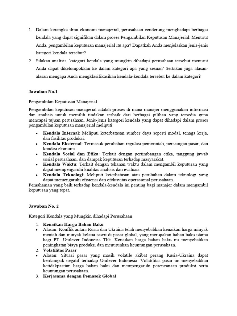 Tugas 1 Ekonomi Manajerial | PDF | Karier & Perkembangan | Bisnis