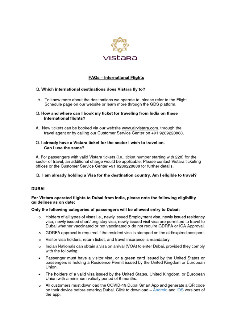 FAQ Vistara For International Flight | PDF | Travel Visa | Passport
