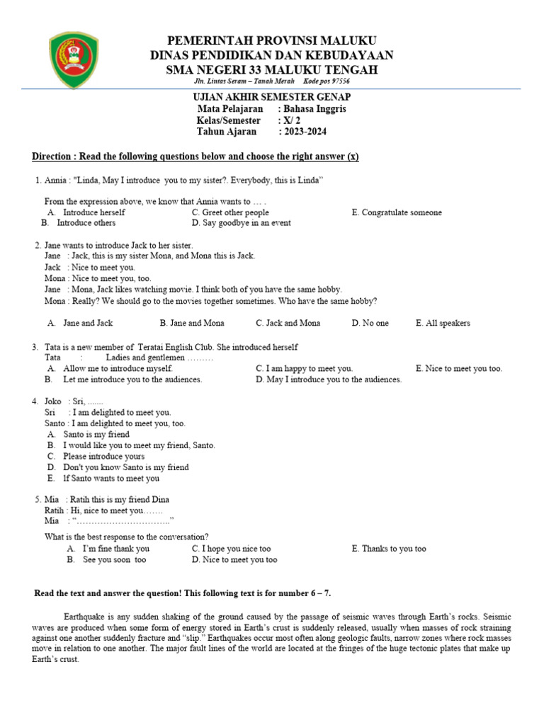 Soal Pas Genap Bing 2024 | PDF | Earthquakes | Seismology