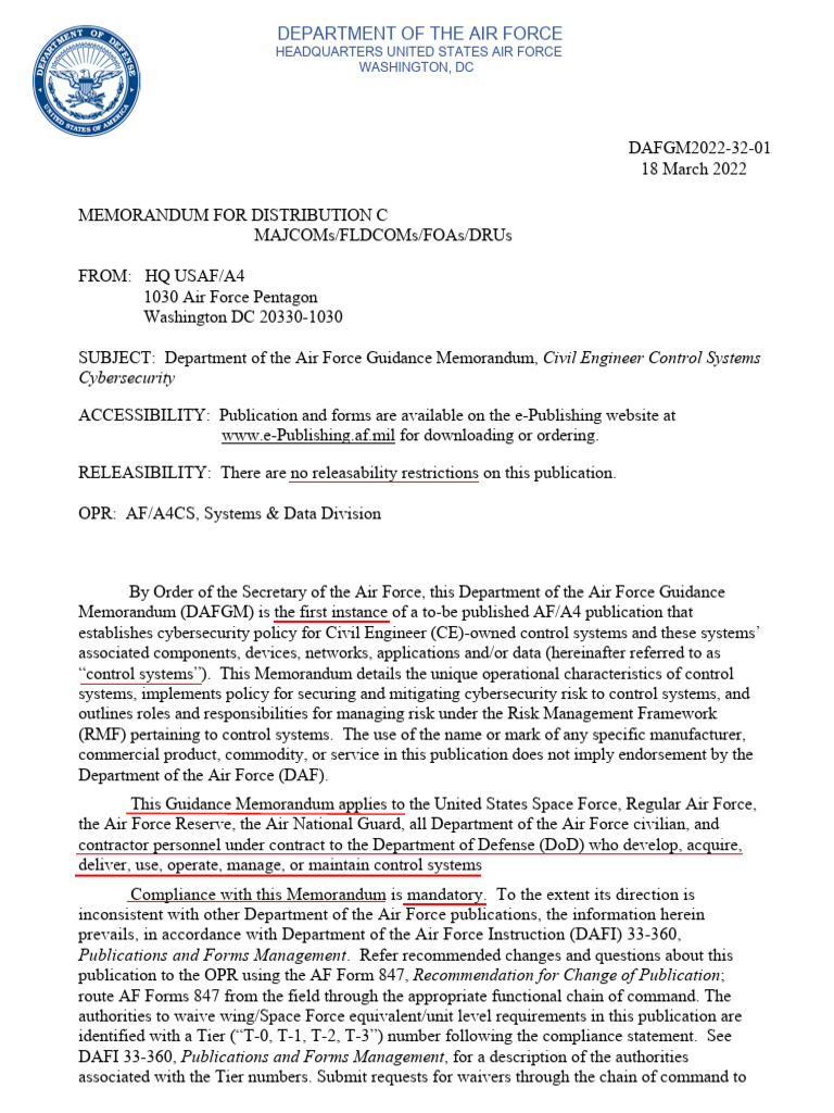 DAFGM 2022-32-01 Civil Engineer Control Systems Cybersecurity | PDF | Computer Security | Security