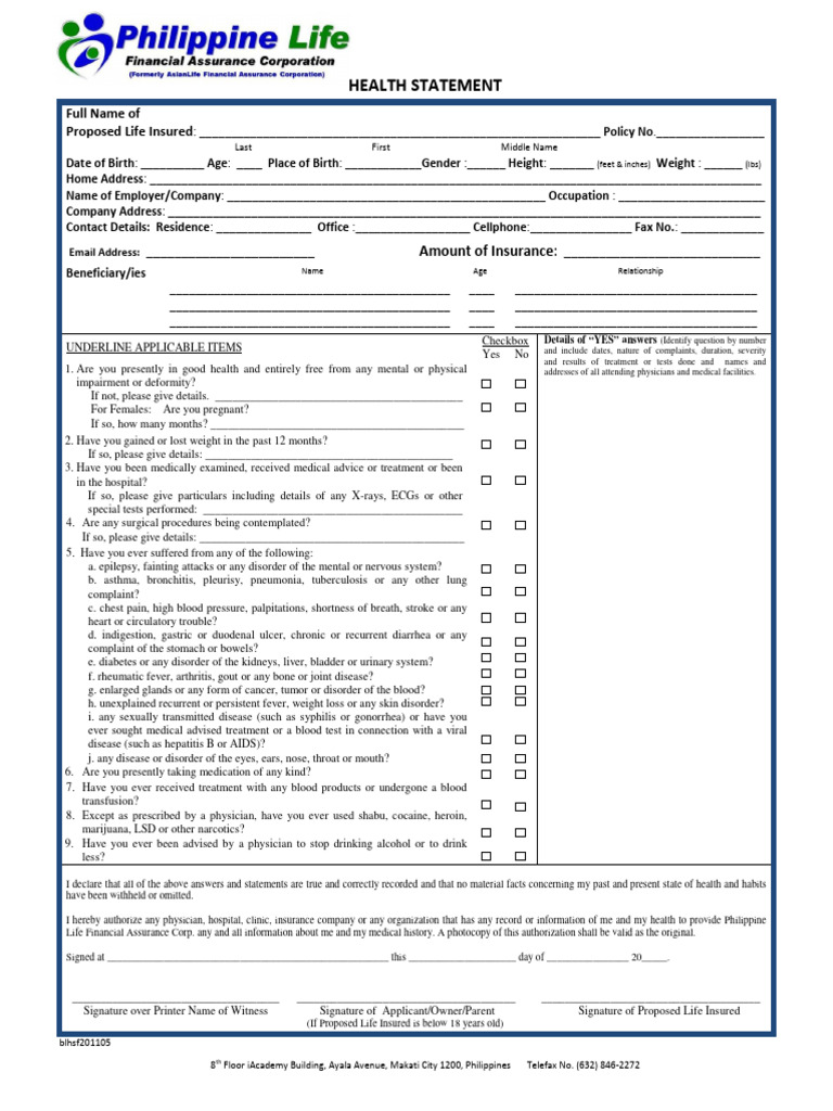 PHILPLANS Health Statement Form 1 | PDF | Causes Of Death | Clinical ...