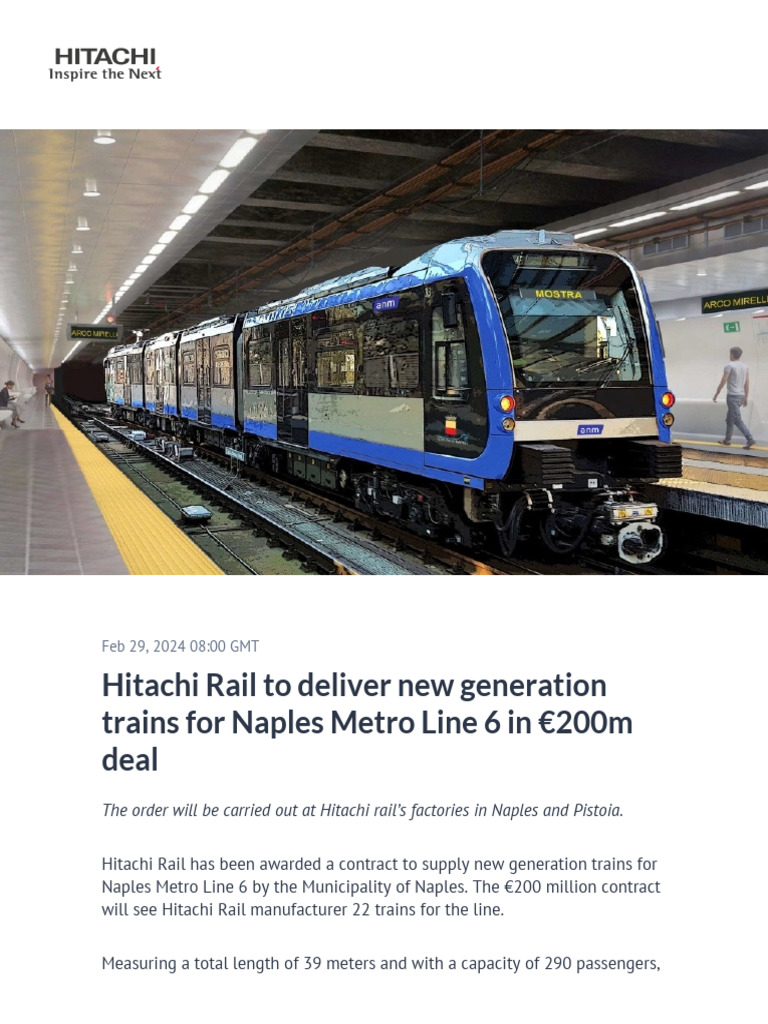 Hitachi Rail To Deliver New Generation Trains For Naples Metro Line 6 ...