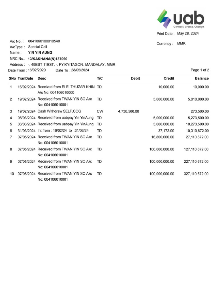 Uab Bank Statement | PDF