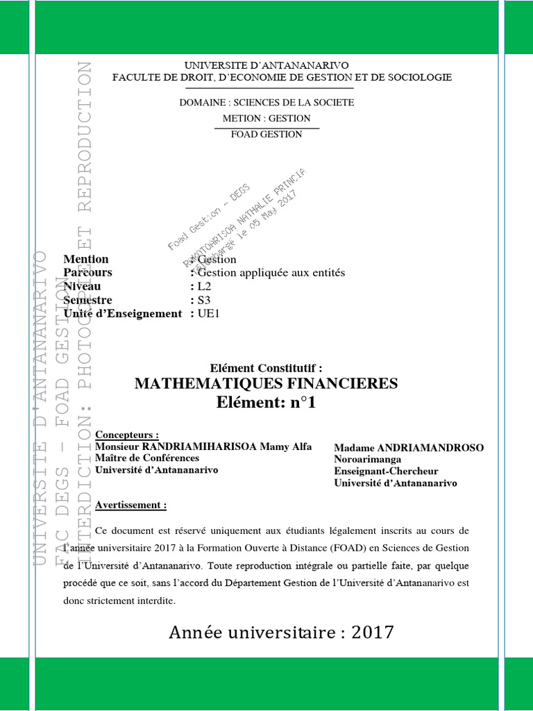 MATHEMATIQUES FINANCIERES 2017 L2 S3 ELEMENT 1 - 590bb930de6a2 - 2 | PDF | Prêts | Services ...