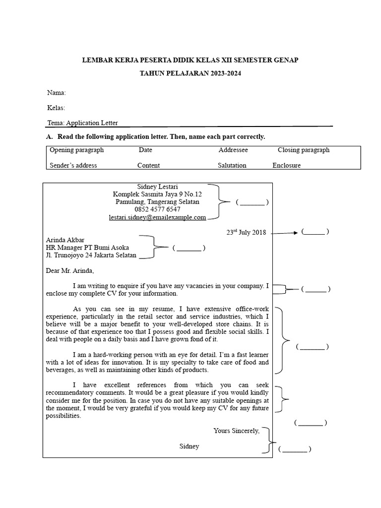 Lembar Kerja Peserta Didik Kelas Xii Application Letter | PDF