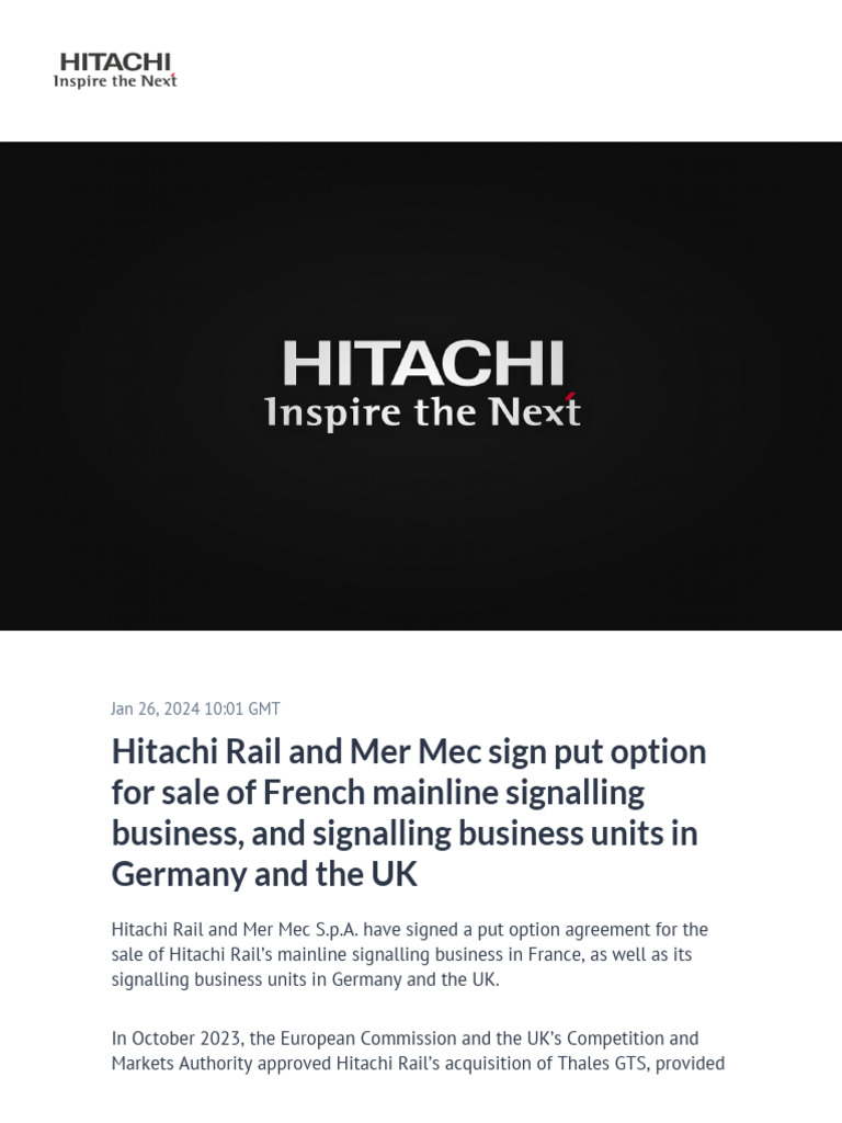 Hitachi Rail and Mer Mec Sign Put Option For Sale of French Mainline ...