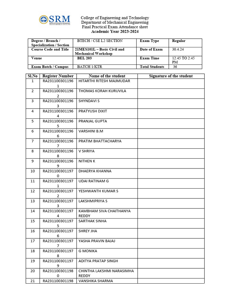Workshop Att Sheet Batch 1 | PDF
