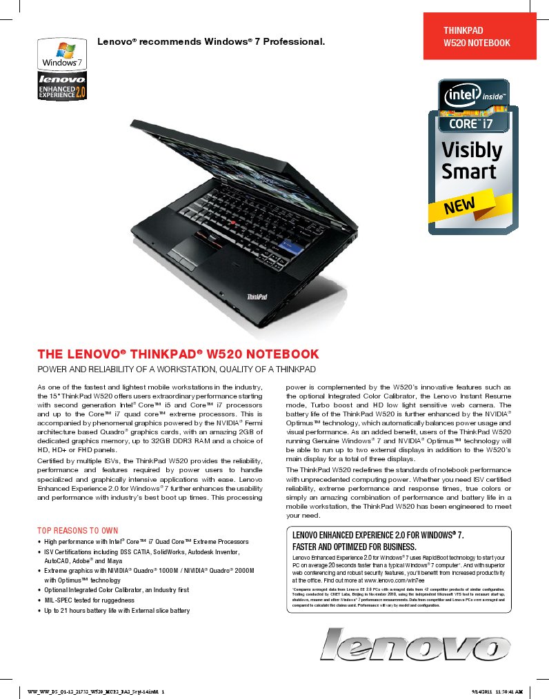 w520 Datasheet | PDF | Lenovo | Laptop