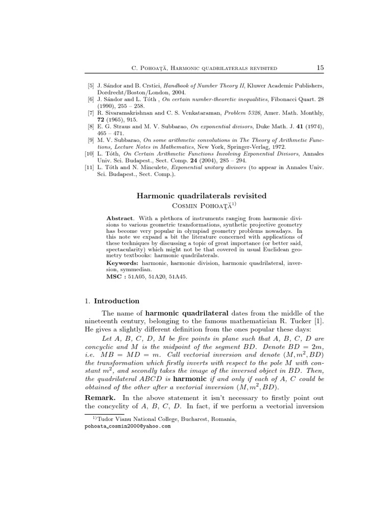 Harmonic Quadrilaterals Revisited - Cosmin Pohoata | PDF | Circle ...