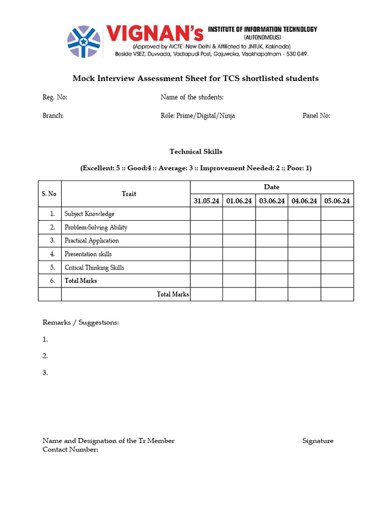 TCS Mock Interview Assessment Sheet | PDF | Career & Growth