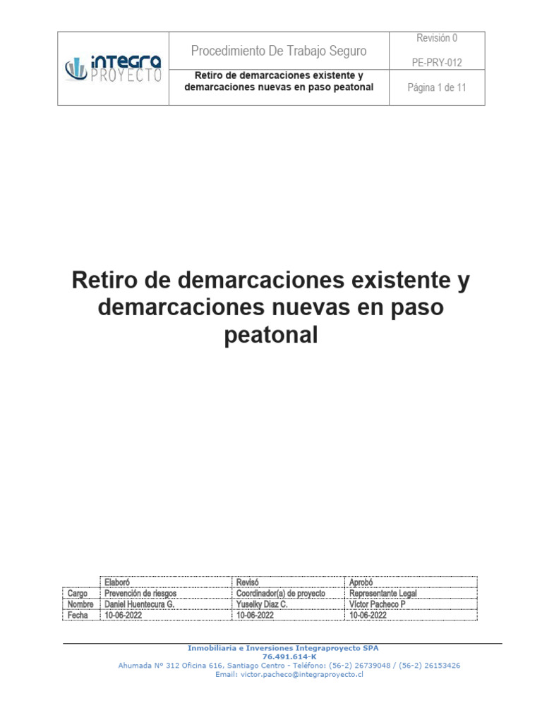 Procedimiento Retiro de Demarcaciones Existente y Demarcaciones Nuevas en Paso Peatonal | PDF ...