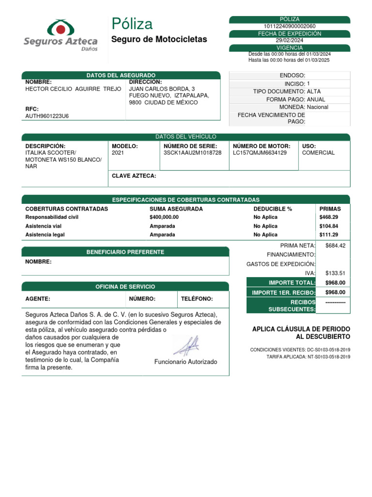 P Ó Liza 10112240900002060 | Descargar gratis PDF | Póliza de seguros | Seguro