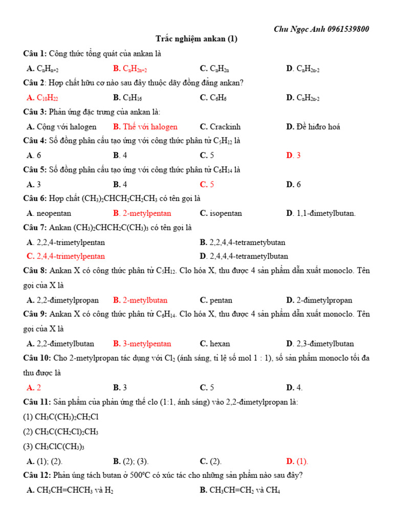 Trắc nghiệm ankan | PDF