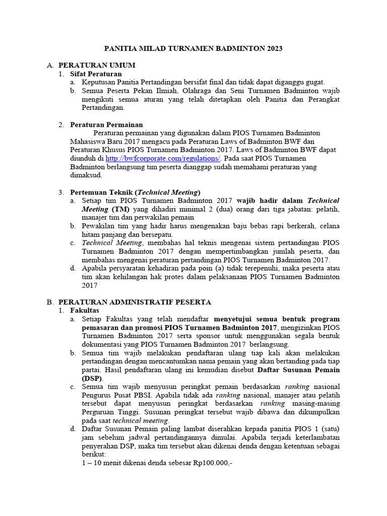 Peraturan Bulutangkis MILAD FST 2023 | PDF