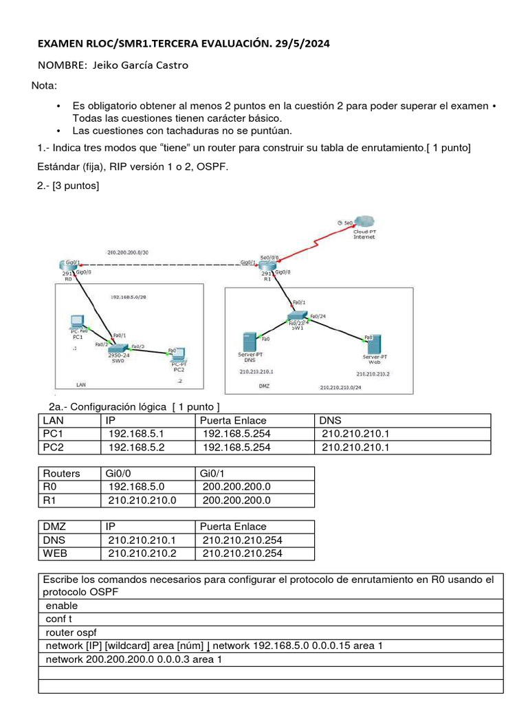 EXAMEN RLOC - Tercera - Ev | PDF | Protocolos de internet | Enrutador (Computación)