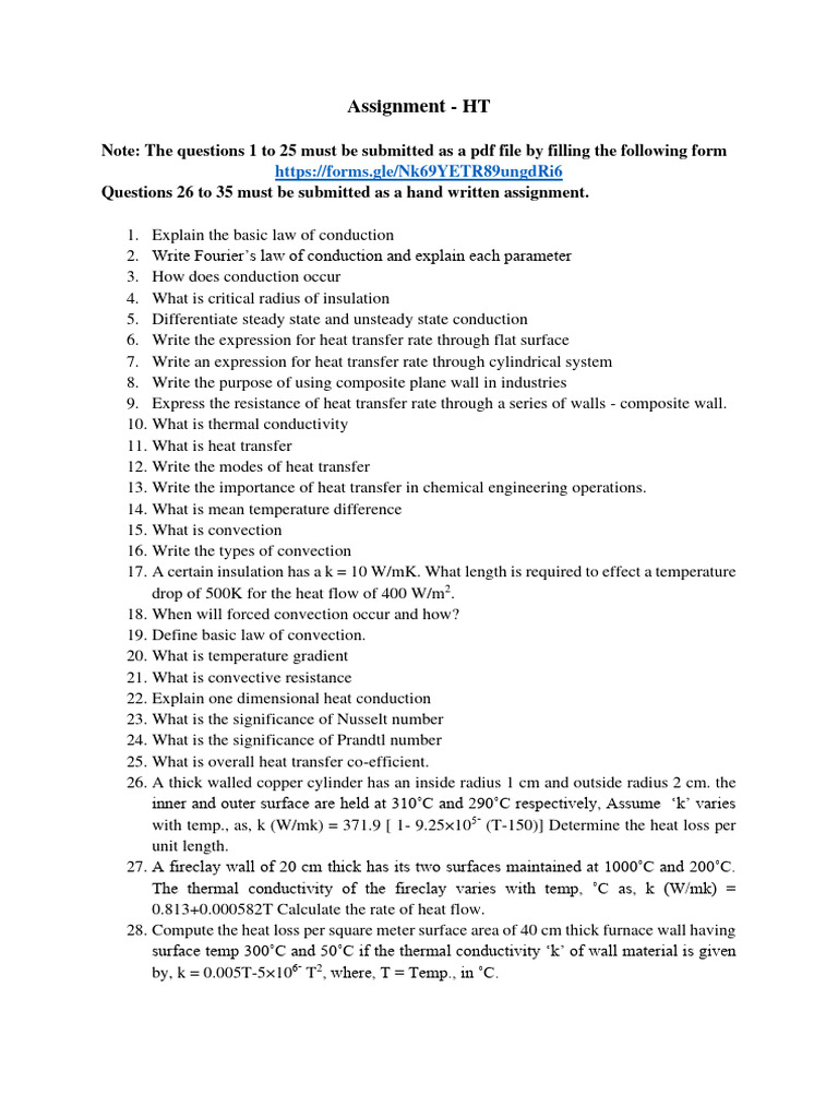 Heat Transfer Assignment Questions | PDF | Heat Transfer | Thermal ...
