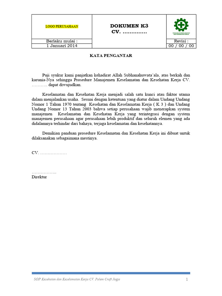 Contoh SOP K3 Revisi | PDF
