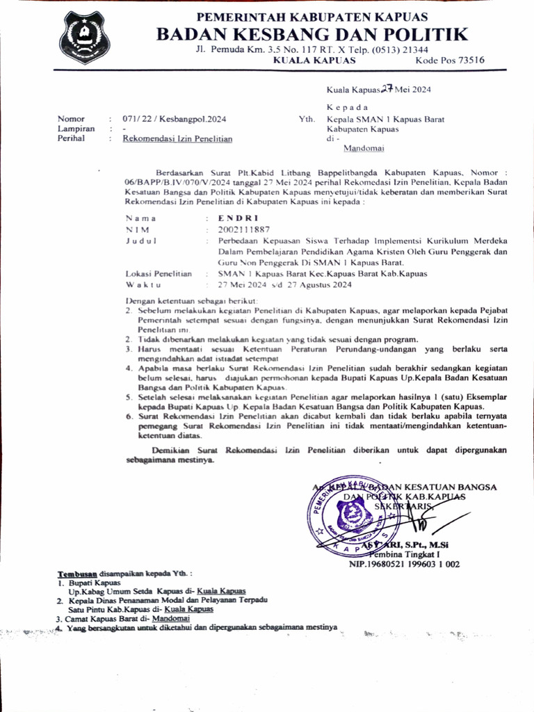 Tembusan Izin Penelitian | PDF