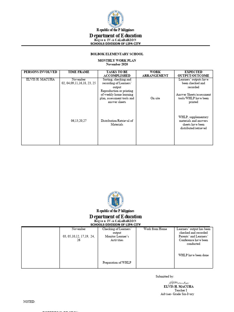 Elvis Macuha Monthly Workplan November | Download Free PDF | Learning ...