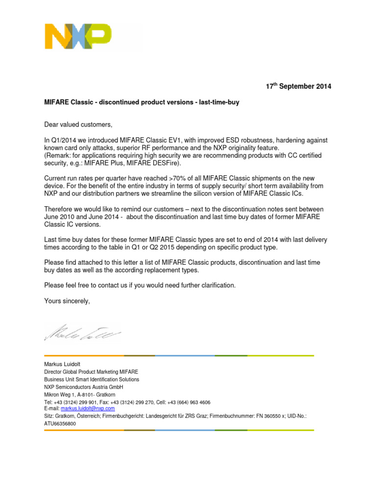 MIFARE Classic Last-Time-Buy Notice | PDF | Smart Devices | Computer ...