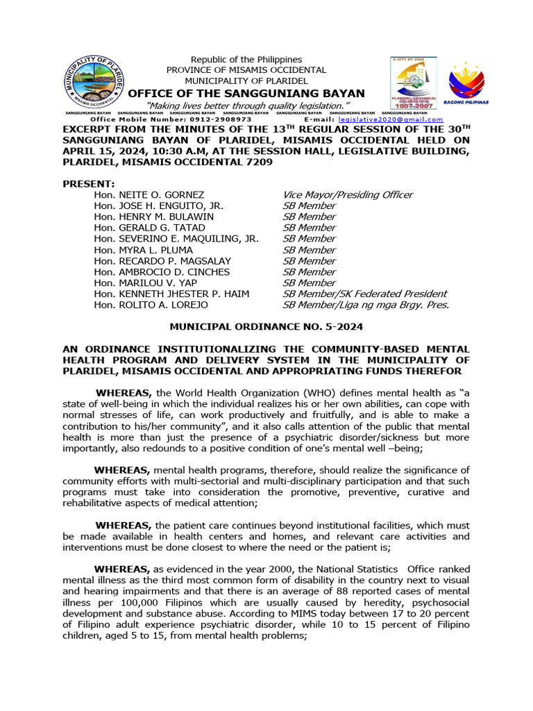 Ordi No. 5-2024 Mental Health Ordinance | Download Free PDF | Mental ...