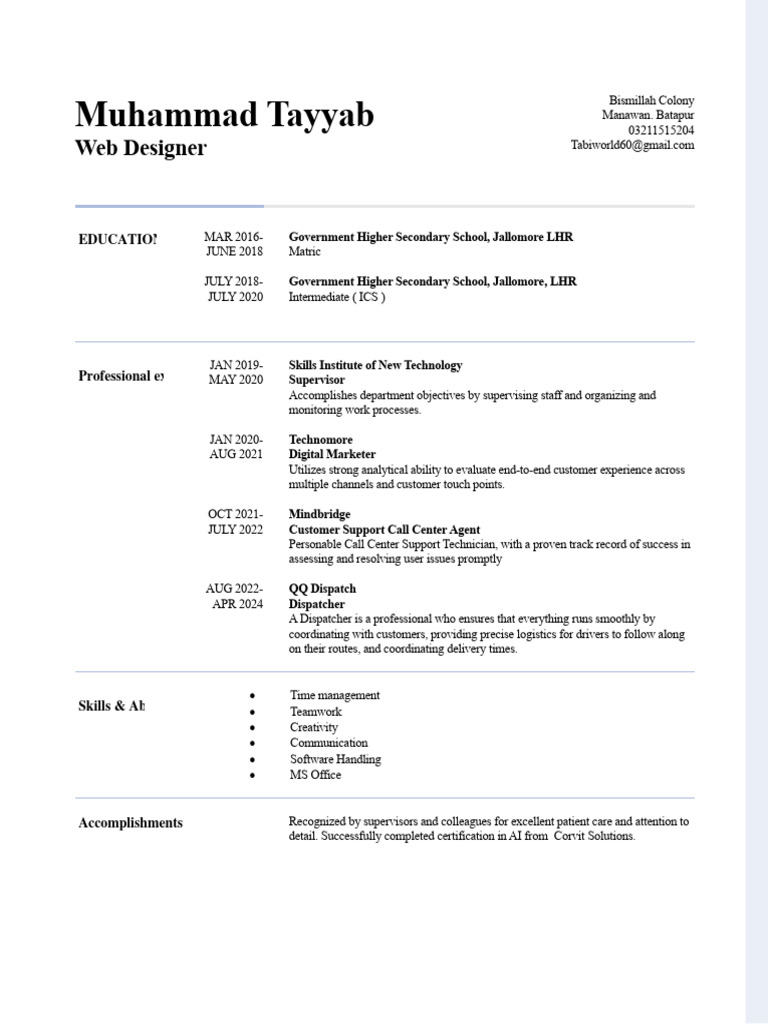 Tayyab CV | PDF | Computing