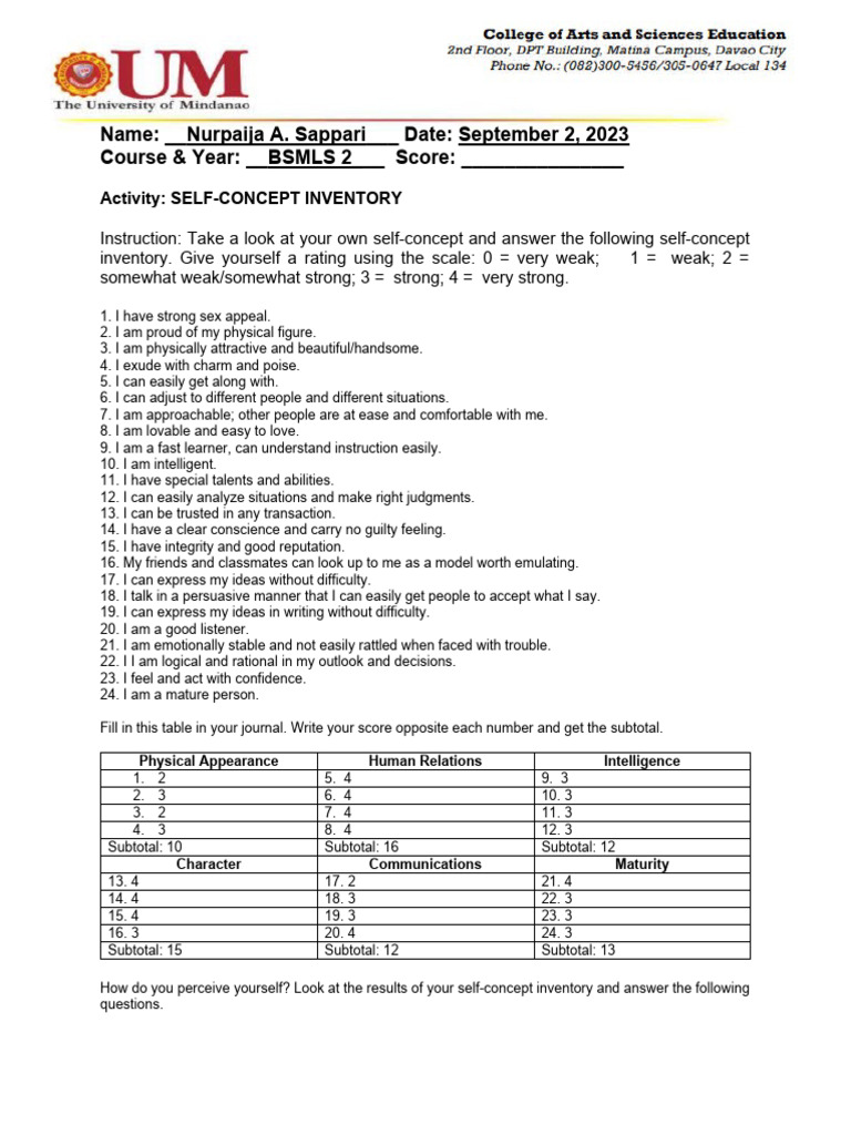 Self-Concept Inventory Actviity Sheet | Download Free PDF | Cognition ...