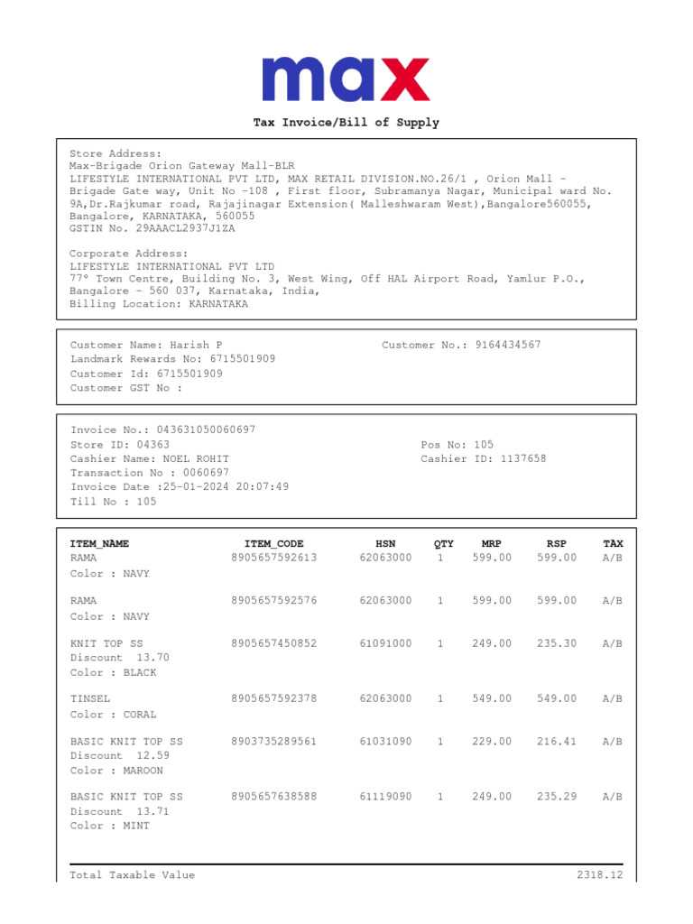 Tax Invoice for Harish P - Max Retail | PDF | Merchandising | Payments
