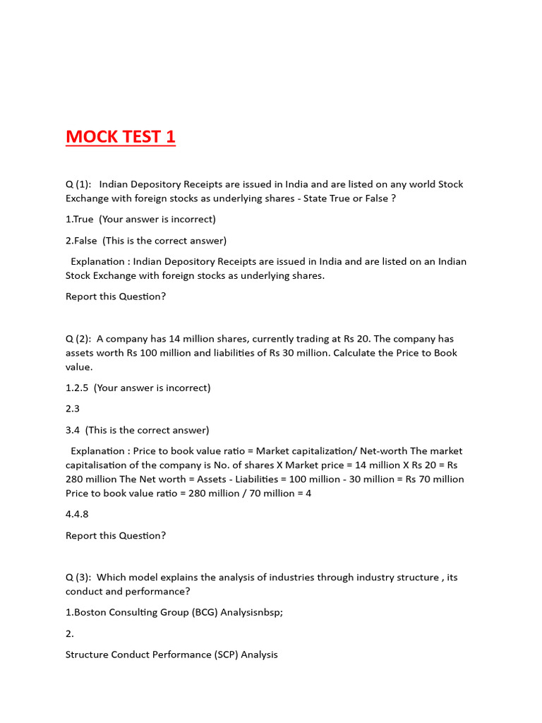 Mock Test 1 | PDF | Stocks | Investing