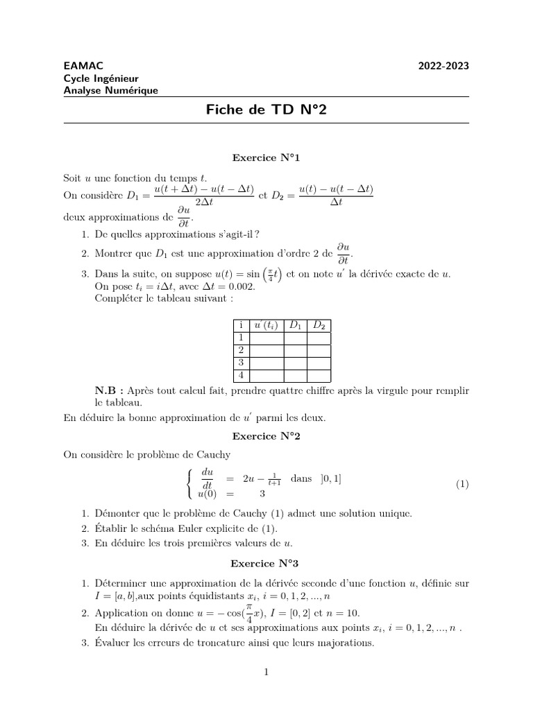 Analyse Numérique : TD2 - Dérivées et Cauchy | PDF | Analyse numérique ...
