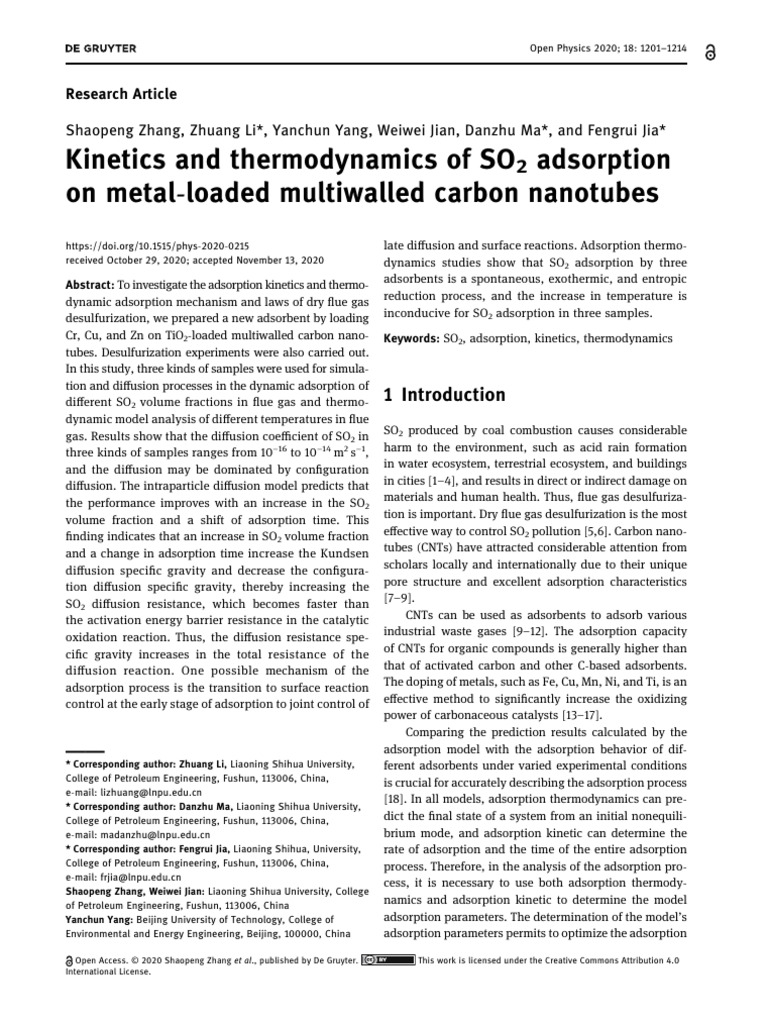 Kinetics and Thermodynamics of SO2 Adsorption | PDF | Adsorption | Diffusion