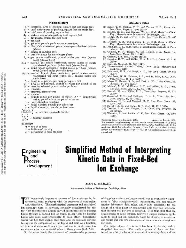 Michaels 2002 Simplified Method of Interpreting Kinetic Data in Fixed Bed Ion Exchange | PDF ...