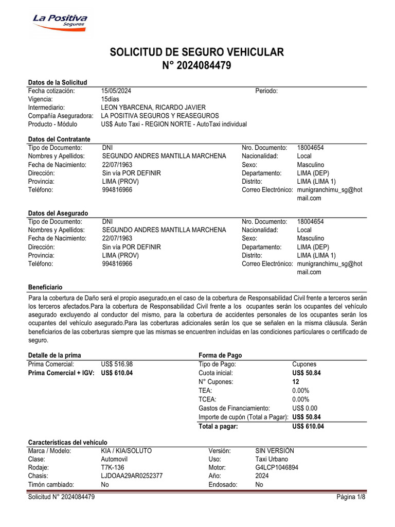 Cotización Seguro Vehicular | Descargar gratis PDF | Póliza de seguros ...