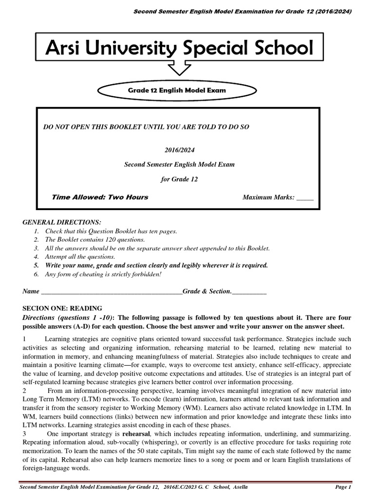 Arsi Univ. English Model Exam - 2 | Download Free PDF | Learning | Mnemonic