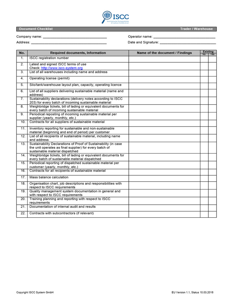 2016 ISCC Document Checklist Trader Warehouse | PDF | Business