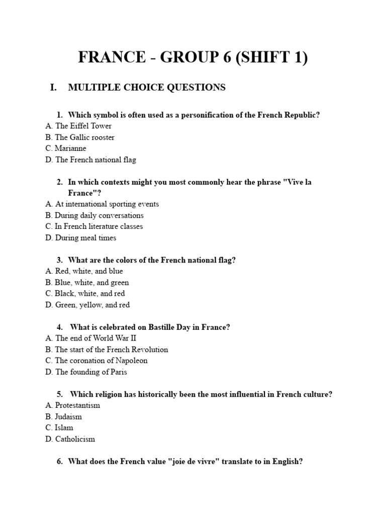 French Culture Quiz: Multiple Choice & True/False | PDF | France