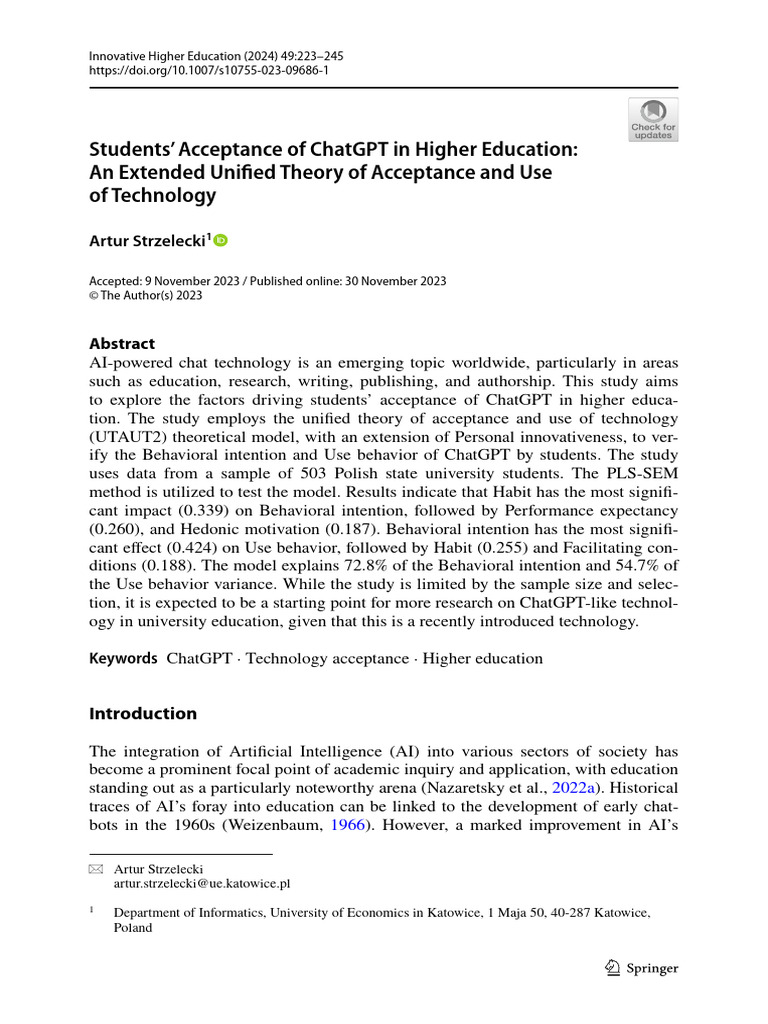 Students' Acceptance of Chatgpt in Higher Education: An Extended Unified Theory of Acceptance ...