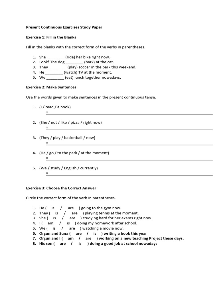 Present Continuous Exercises | PDF