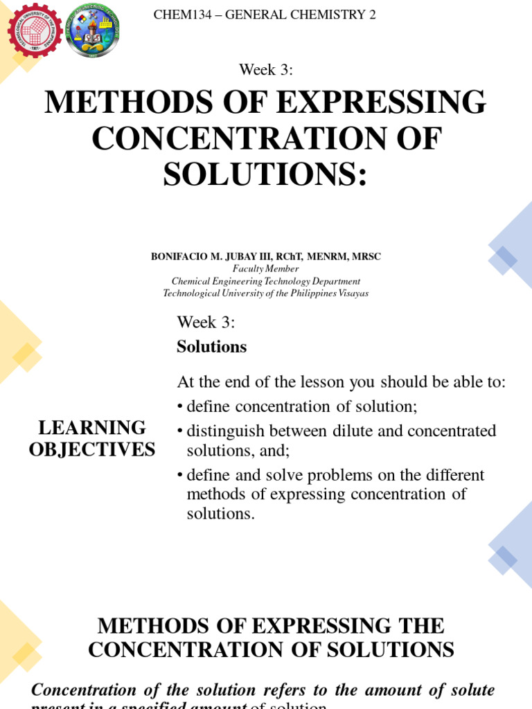CHEM134 Week 3 Methods of Expressing Concentration of Solutions | PDF | Concentration | Molar ...