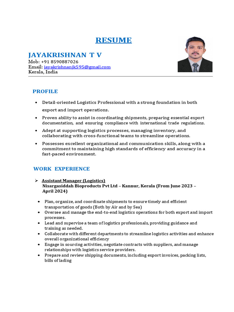 Resume Jay A Krishnan TV | PDF | Logistics | Business