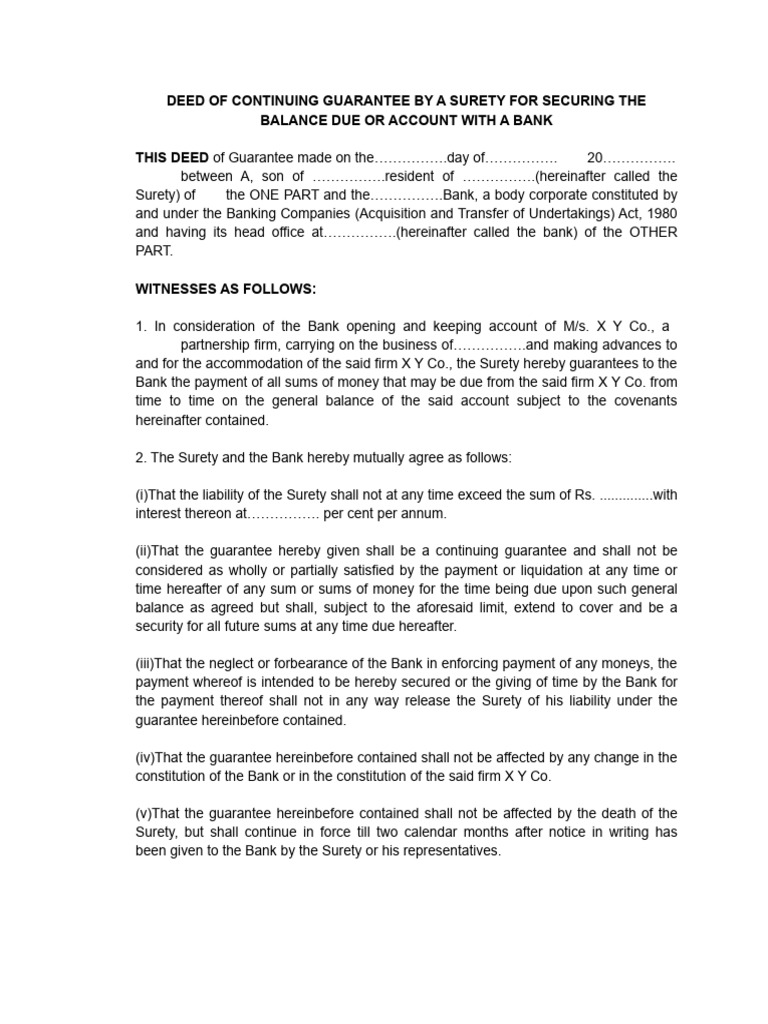 Deed of Continuing Guarantee by A Surety For Securing The Balance Due or Account With A Bank ...
