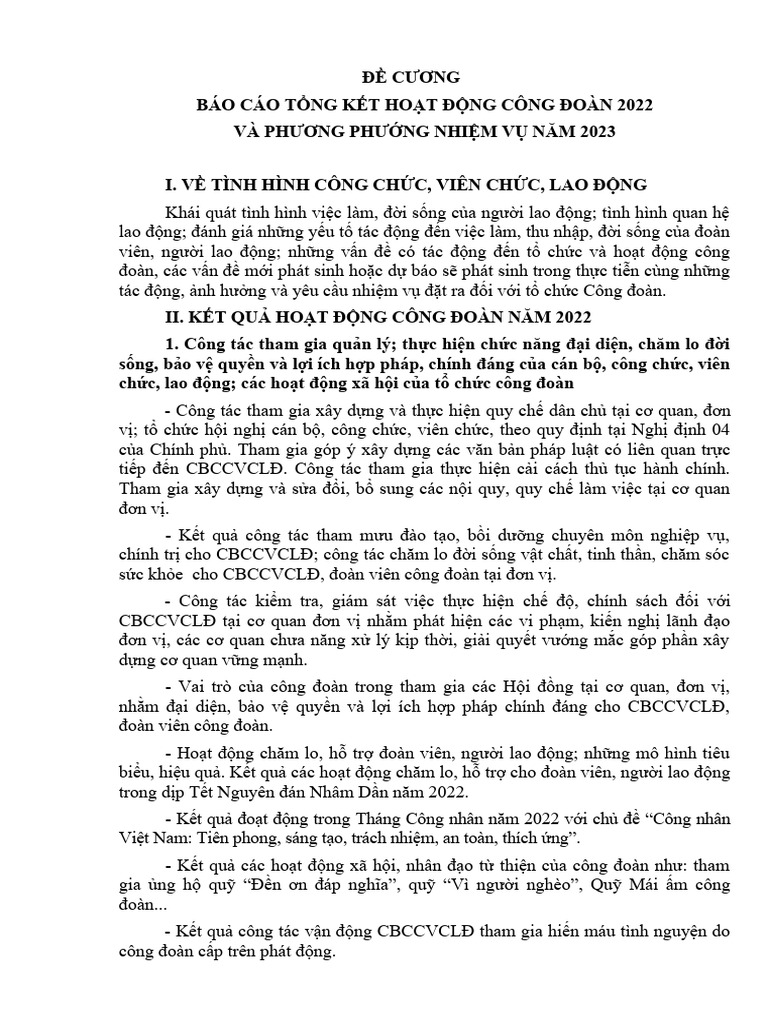 De Cuong Bao Cao Hoat Dong Cong Doan Nam 2022 | PDF
