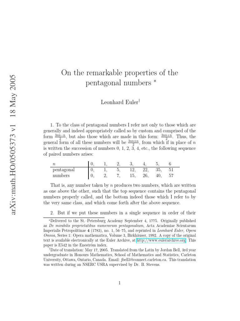 On The Remarkable Properties of The Pentagonal Numbers by Euler L ...
