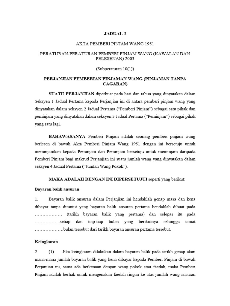 Contoh Jadual J Perjanjian Pemberian Pinjaman Wang | PDF