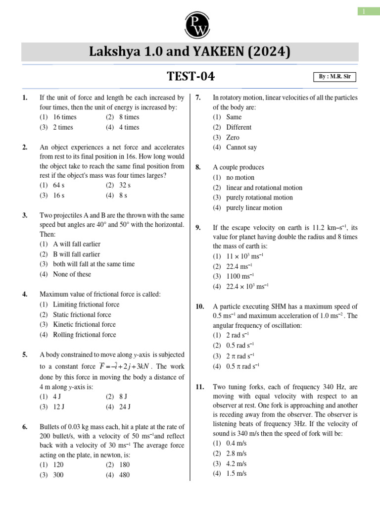 Physics Multiple Choice Test Questions | PDF | Force | Velocity