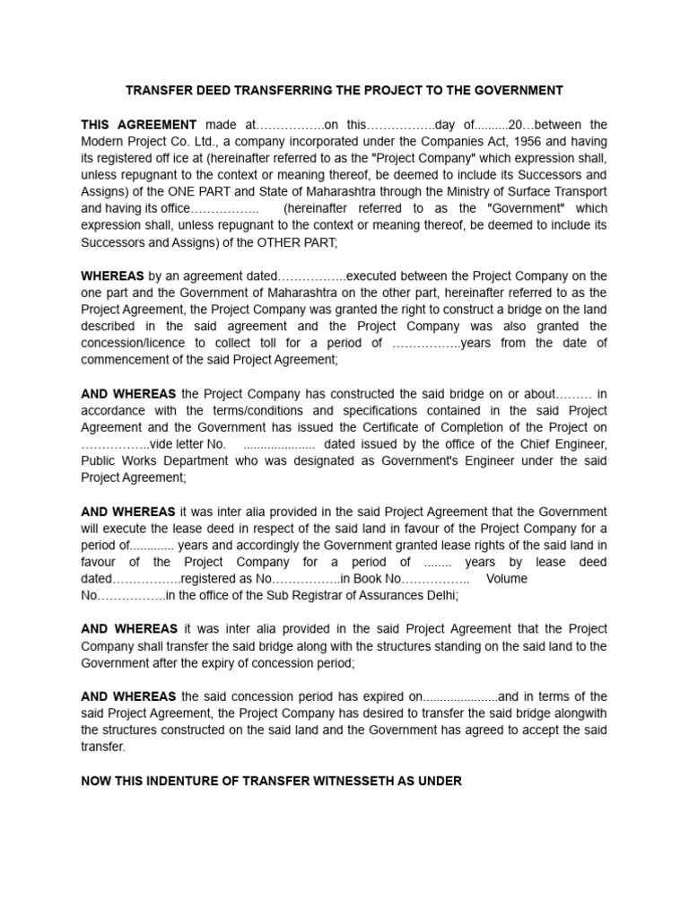 Transfer Deed Transferring The Project To The Government | PDF ...