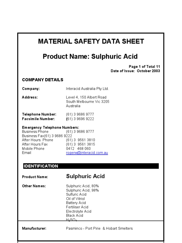 Material Safety Data Sheet Product Name: Sulphuric Acid | PDF ...