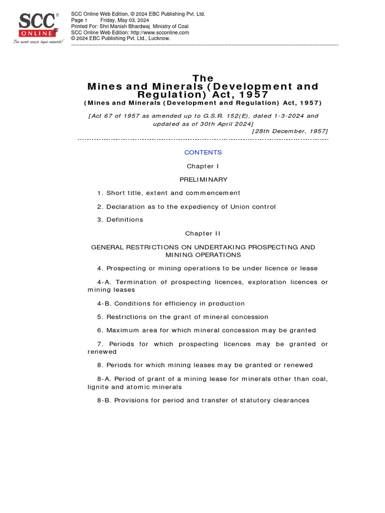 Mines and Minerals (Development and Regulation) Act, 1957 (2024.03.01) | PDF | Mining | Lease
